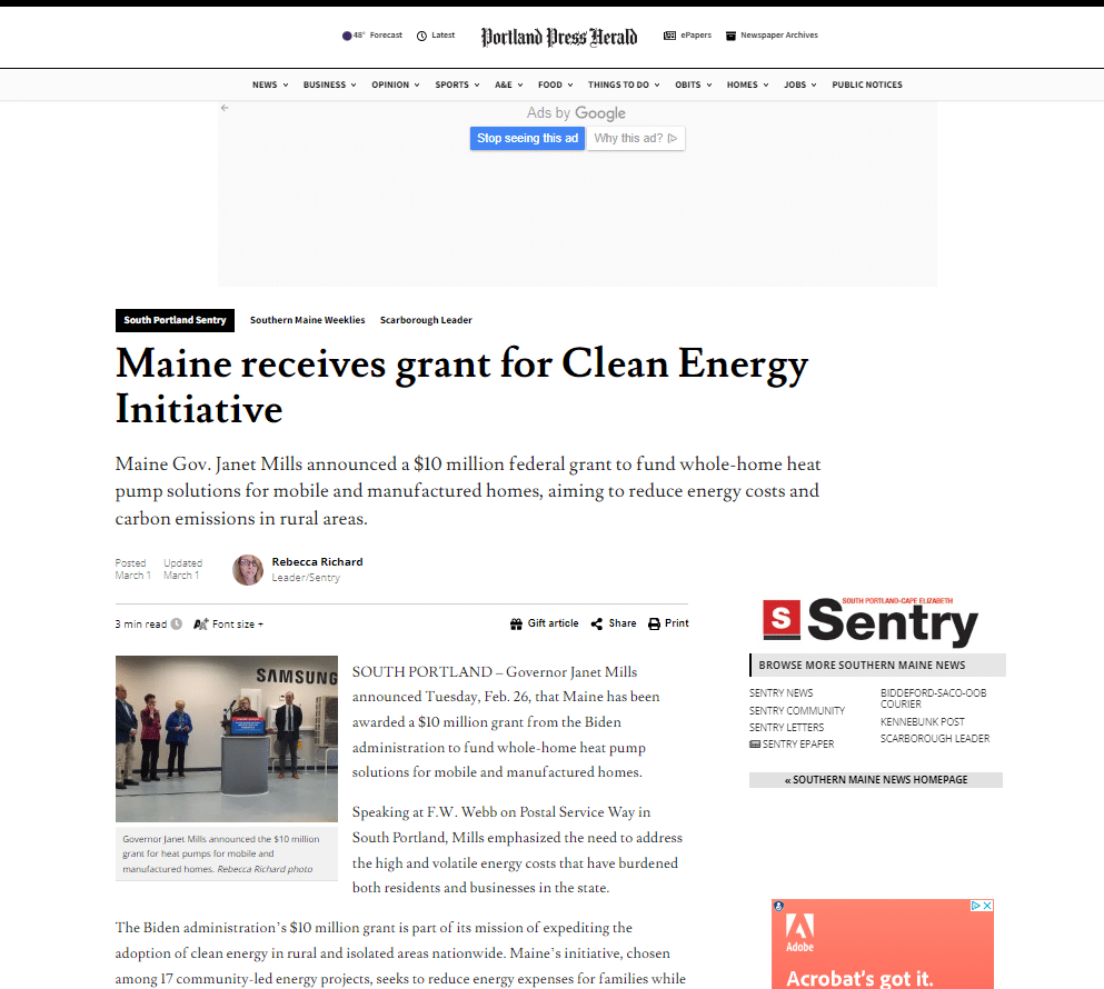 Maine receives grant for Clean Energy Initiative - ROC USA®